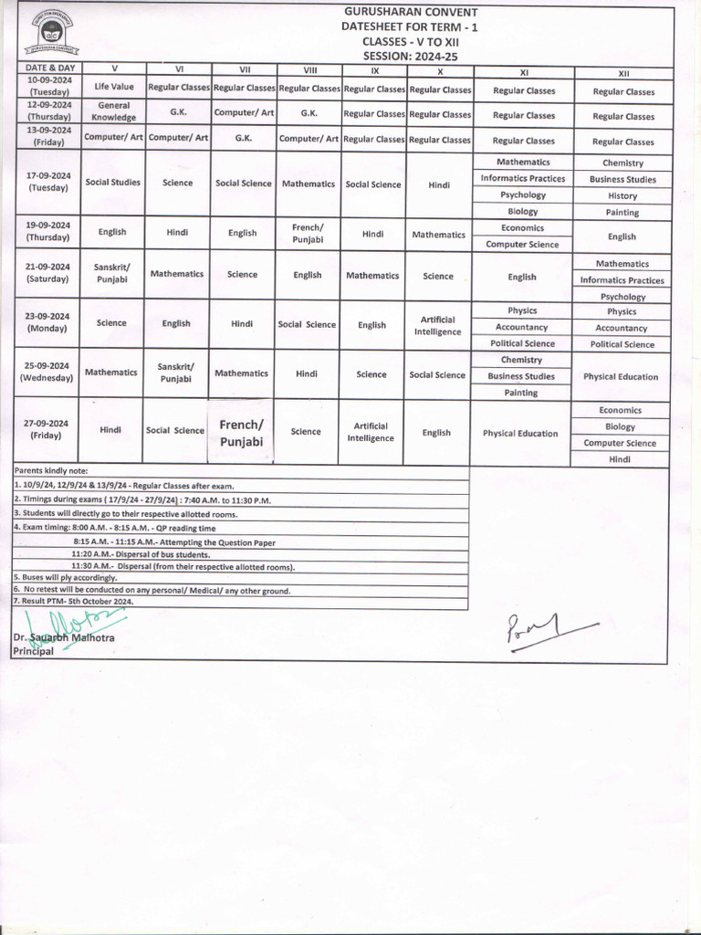 Date Sheet Term - 1, Classes V To XII | PDF
