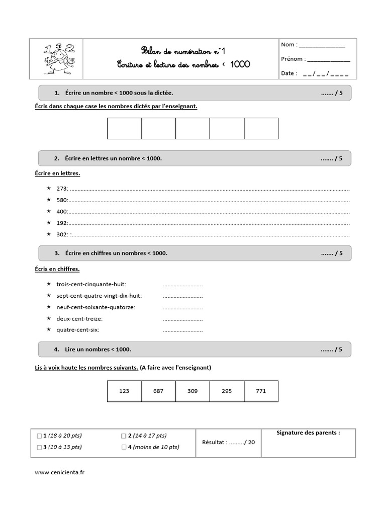 Bilan de numération CE2 jusqu'à 9999 | PDF