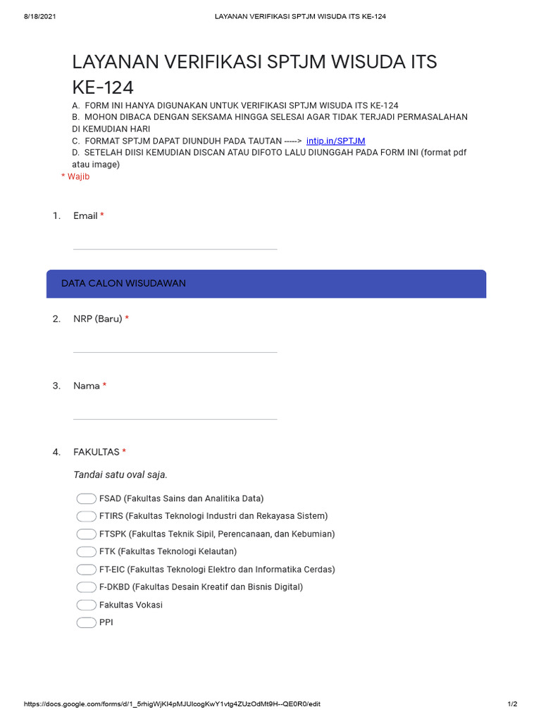 FORM VERIFIKASI SPTJM WISUDA ITS KE 124 - Google Formulir | PDF