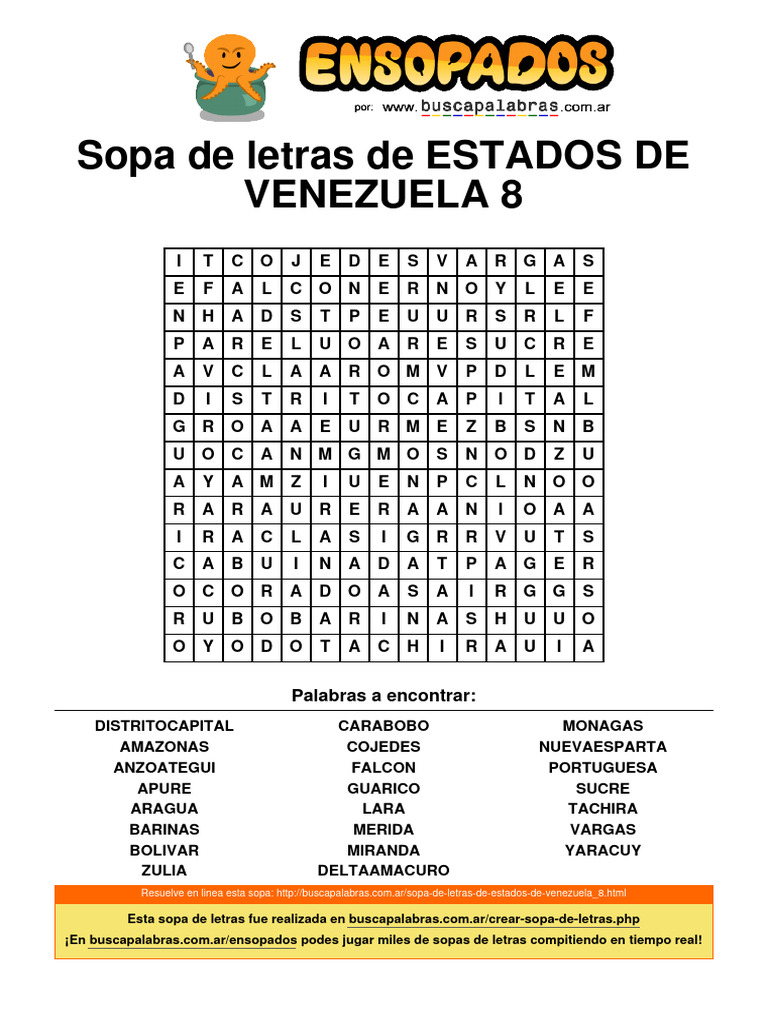 Sopa de Letras de Estados de Venezuela - 8 | PDF | Venezuela