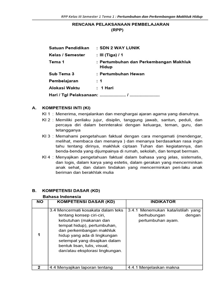 TP 2022-2023 RPP K3 Tema 1 ST 3 | PDF | Sains & Matematika