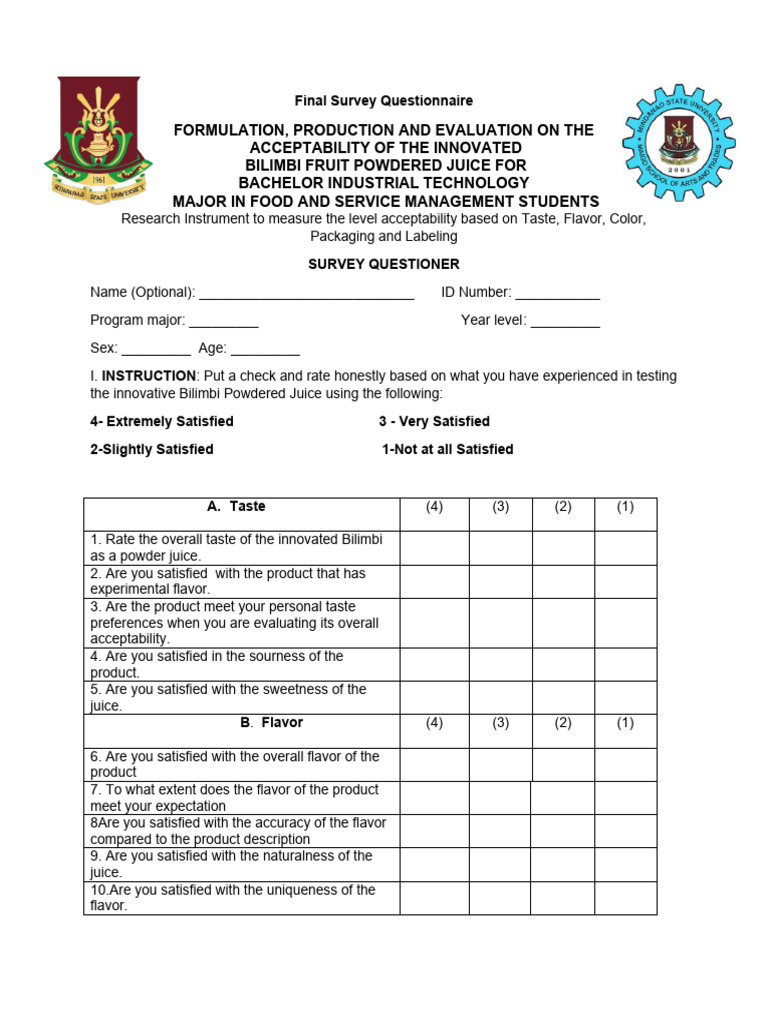 Survey Questioner 3 2 1 | PDF | Taste | Juice
