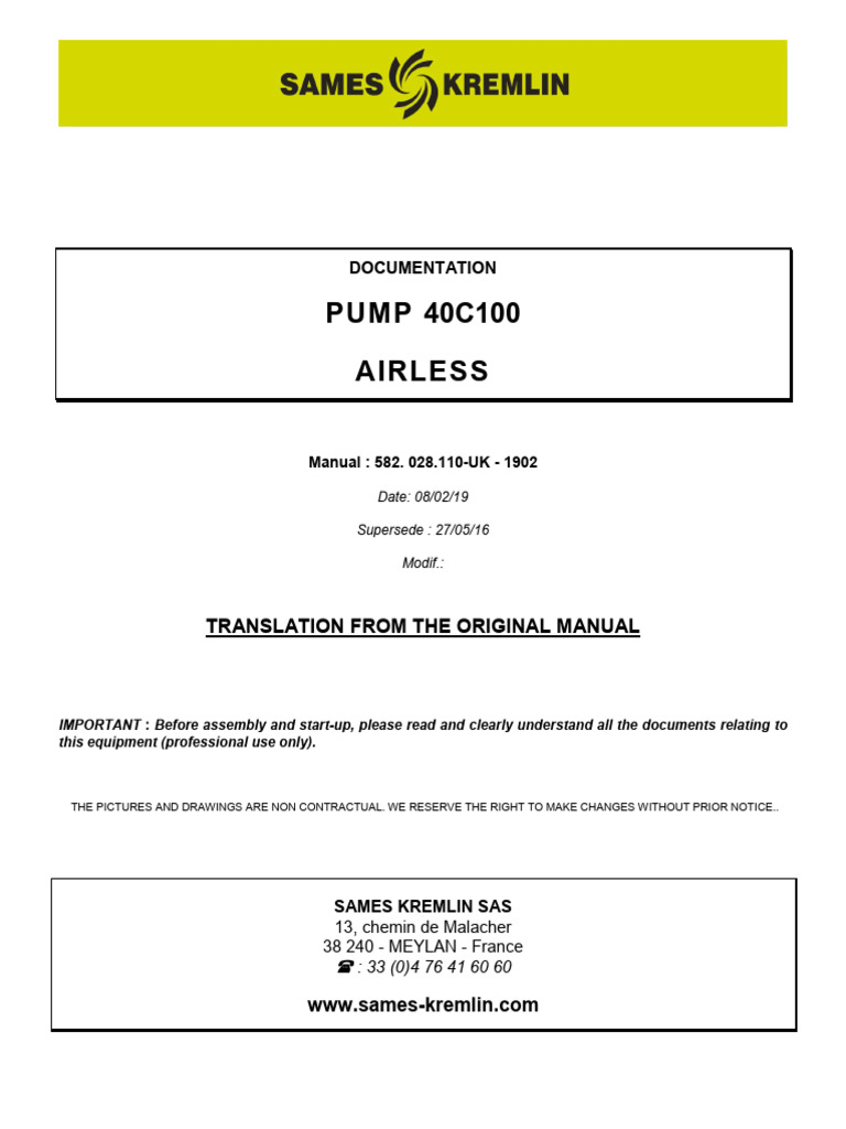 Airless Pump - 40C100 Instructions Manual Sames Kremlin 582028110 Uk ONE SURFACE SRL | PDF