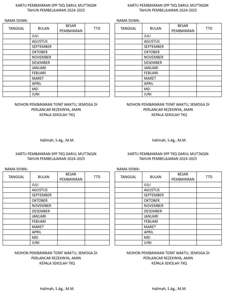 Kartu Pembayaran SPP TKQ TPQ Darul Muttaqin | PDF