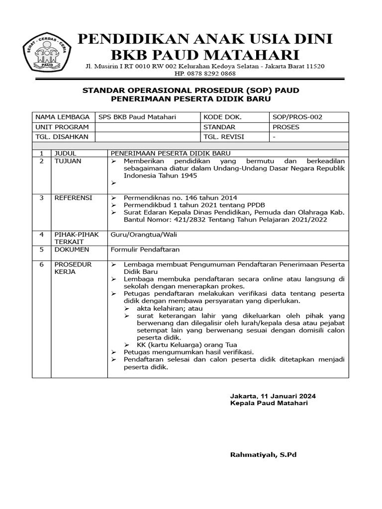 Sop Paud PPDB | PDF