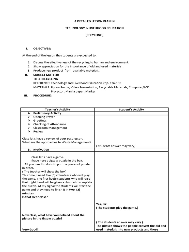 A Detailed Lesson Plan in Tle | PDF | Recycling | Lesson Plan