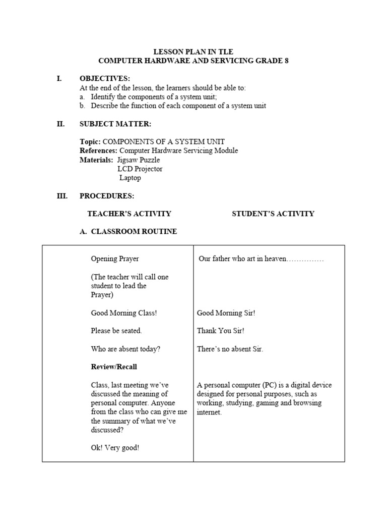 Lesson Plan (Tle-Chs) | PDF | Computer Data Storage | Central Processing Unit