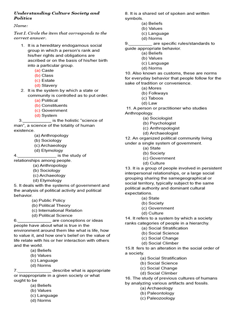 Pre-Test Ucsp | PDF | Kinship | Family