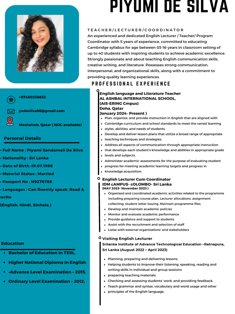 Resume Piyumi de Silva | PDF | Lesson Plan | Teachers