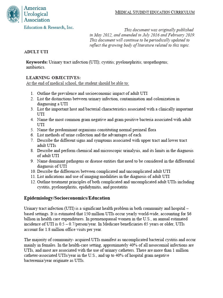 Adult UTI Medical Education Guide | PDF | Urinary Tract Infection ...