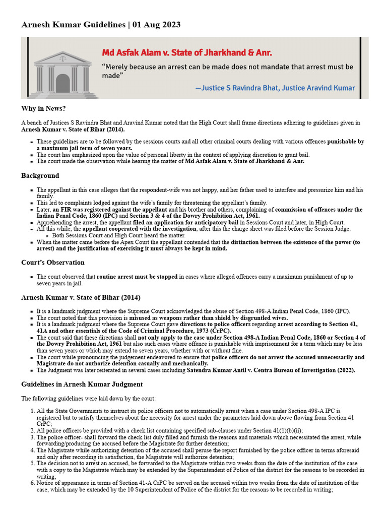 Arnesh Kumar Guidelines | PDF | Political Law | Public Sphere