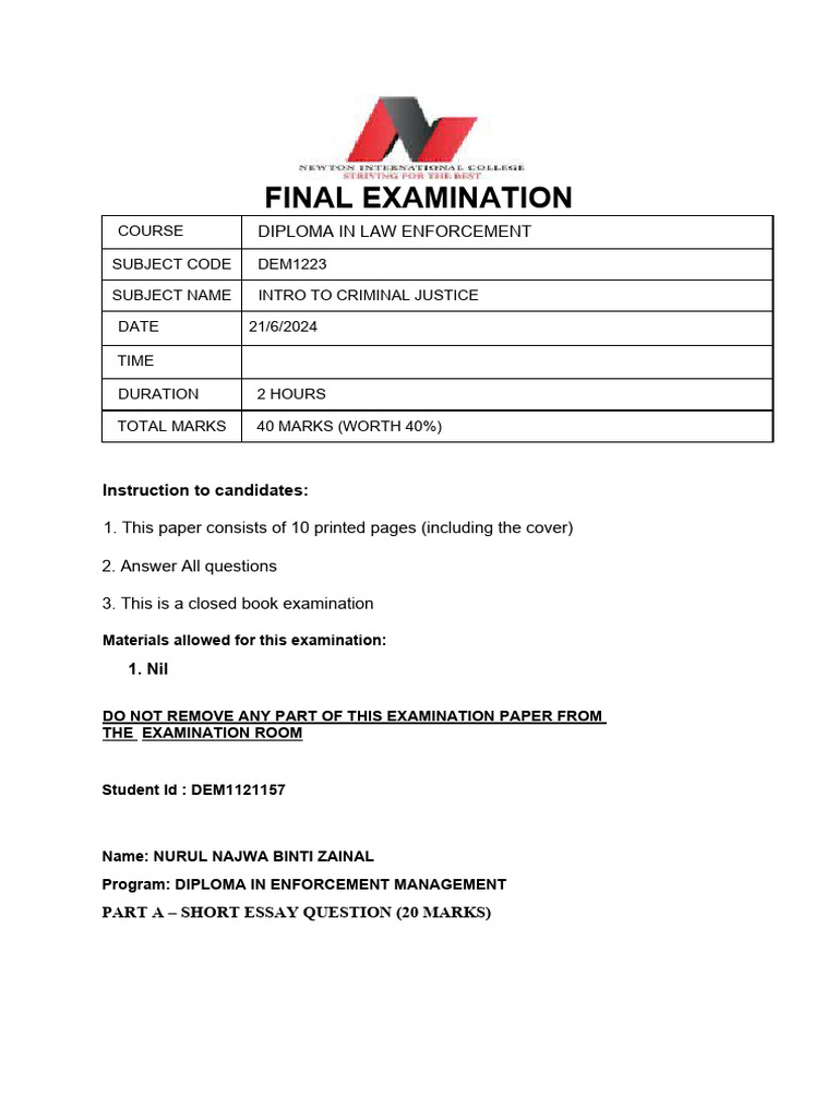 Final Exam Dem1223 Criminal Justice - Clearance | PDF | Parole | Probation