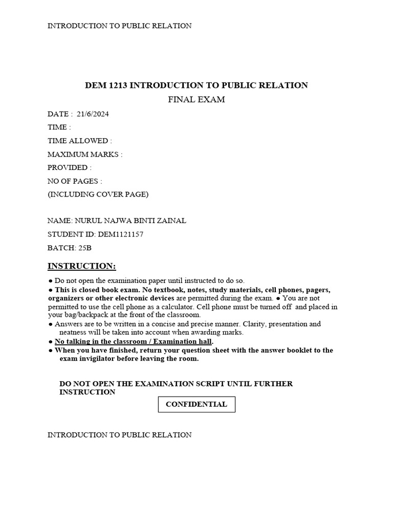 FINAL EXAM INTRODUCTION TO PUBLIC RELATION (Clearance) | PDF | Public Relations | Corporate ...