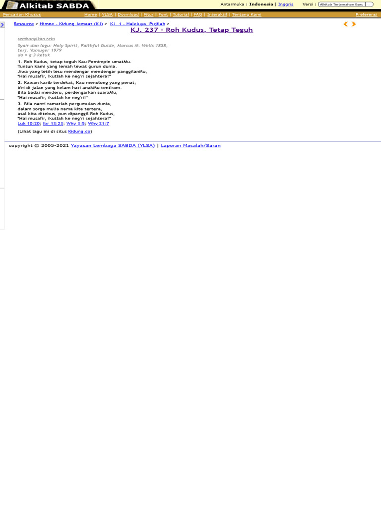 KJ. 237 - Roh Kudus, Tetap Teguh - Himne - Kidung Jemaat (KJ) - Alkitab ...
