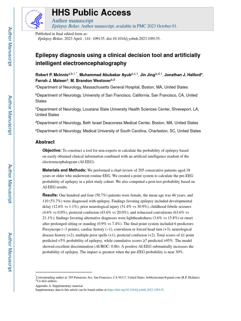 Epilepsy Diagnosis Using A Clinical Decision Tool and Artificially | PDF | Epilepsy | Medical ...