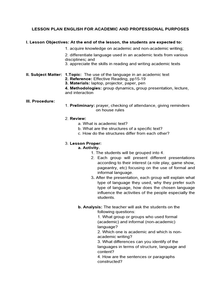 Eapp LC 1 2 | PDF | Writing | Lesson Plan