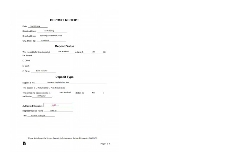 Ted Pickering Deposit Receipt 31-07-2024 | PDF