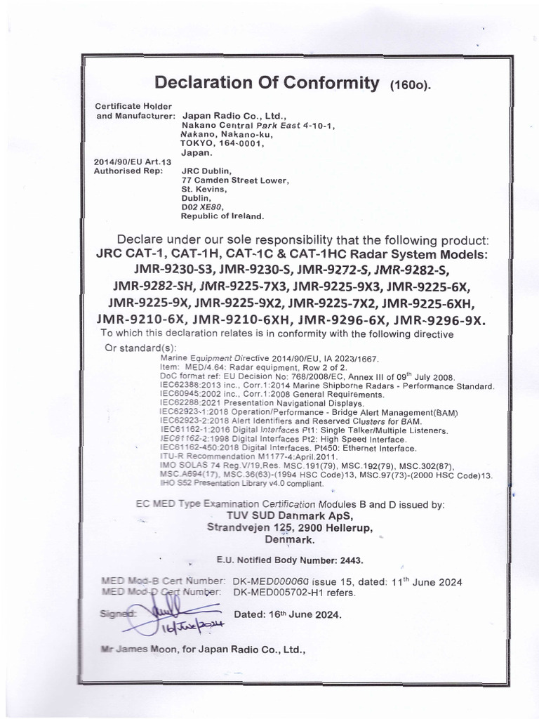 JRC Radar System Declaration of Conformity | PDF | European Union ...