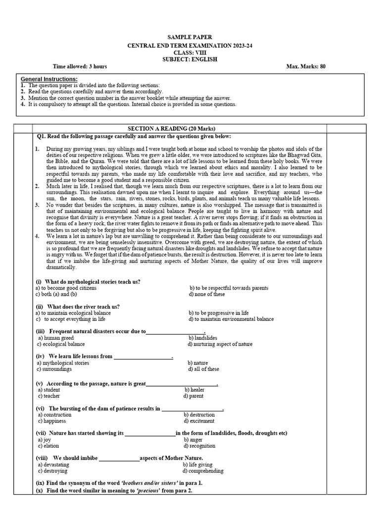 Class 8 English Sample Paper | PDF | Friendship | Empathy