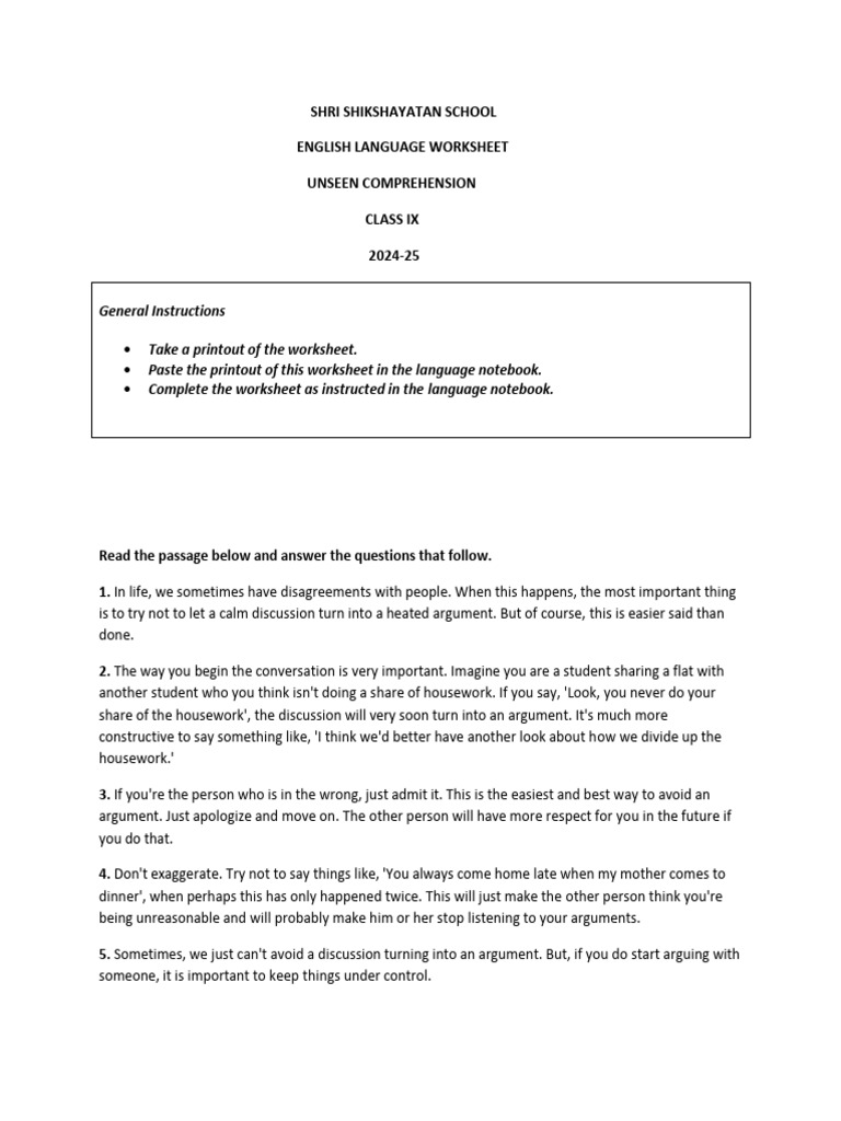 Class 9 Unseen Passage Worksheet | PDF | Human Communication