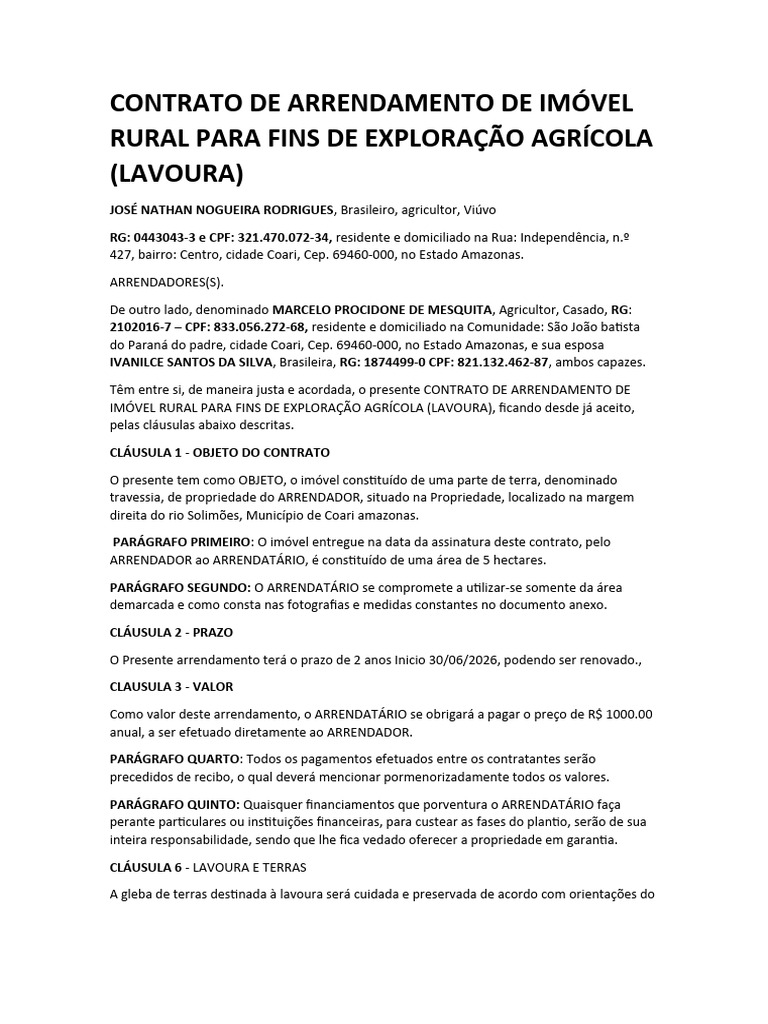 Contrato De Arrendamento De Imóvel Rural Para Fins De Exploração