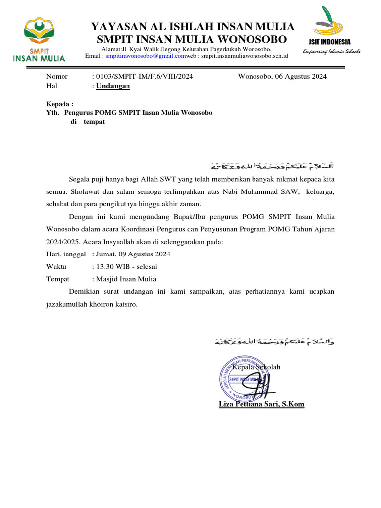Undangan Koordinasi POMG SMPIT 2024 | PDF