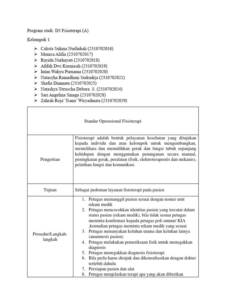 SOP Fisioterapi Kelompok 1 | PDF