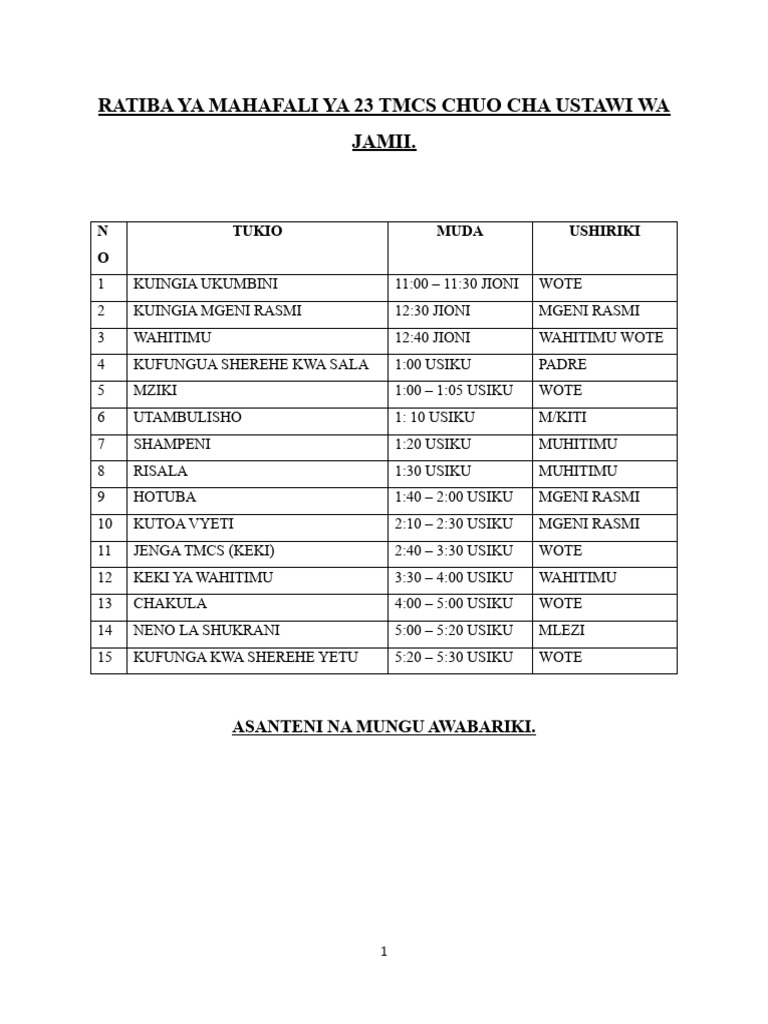 Ratiba Ya Mahafali Ya 23 Tmcs Chuo Cha Ustawi Wa Jamii | PDF
