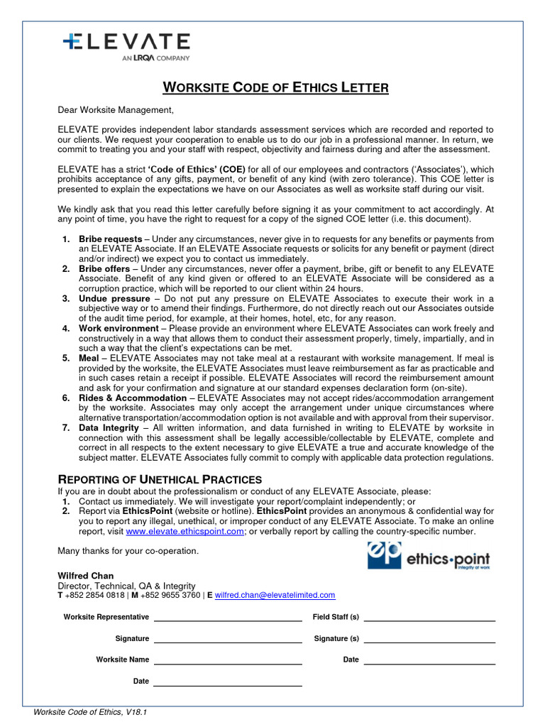 EVT-ASMT COE Worksite COE Letter English V18.1 | PDF | Bribery | Business