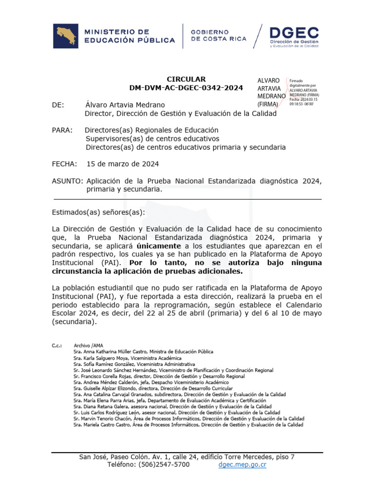 CIRCULAR DM-DVM-AC-DGEC-0342-2024 Aplicación de La Prueba Nacional ...
