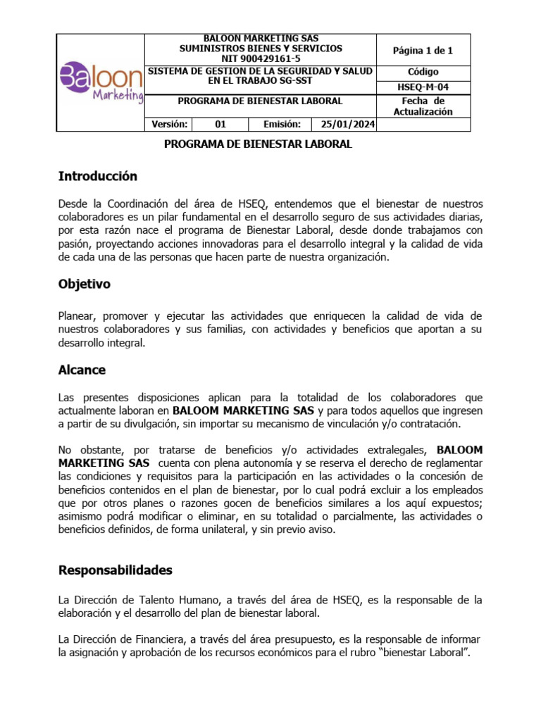 Programa de Bienestar Laboral | PDF | Presupuesto | Derecho laboral