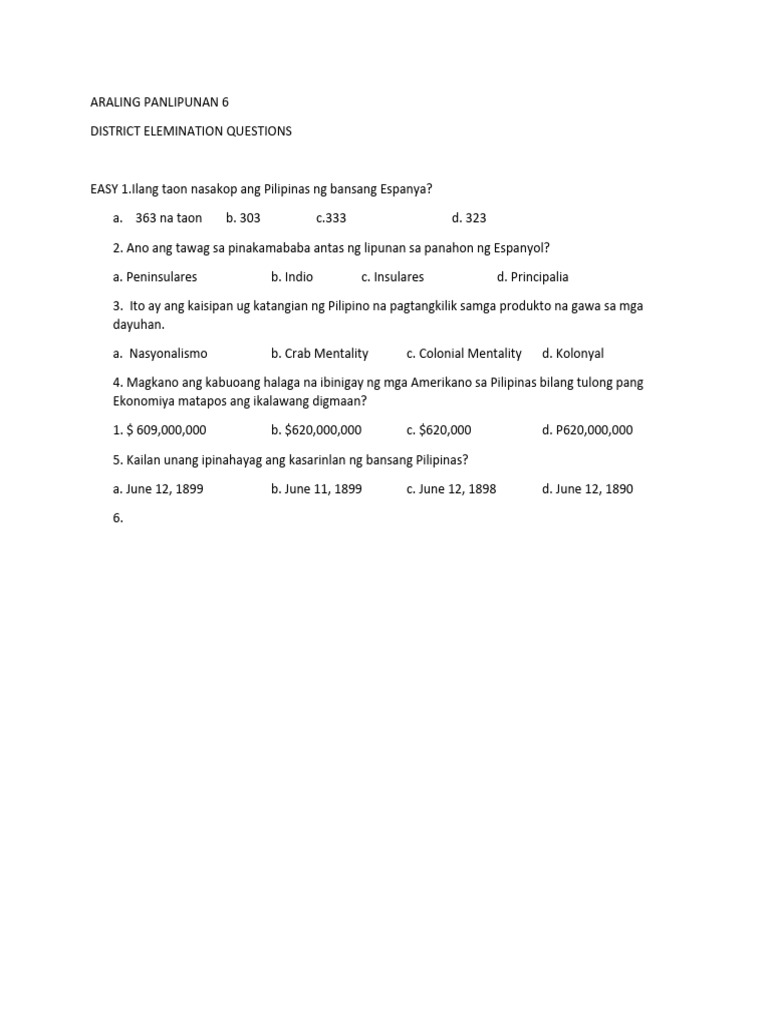 Araling Panlipunan 6 Elimination Quiz | PDF