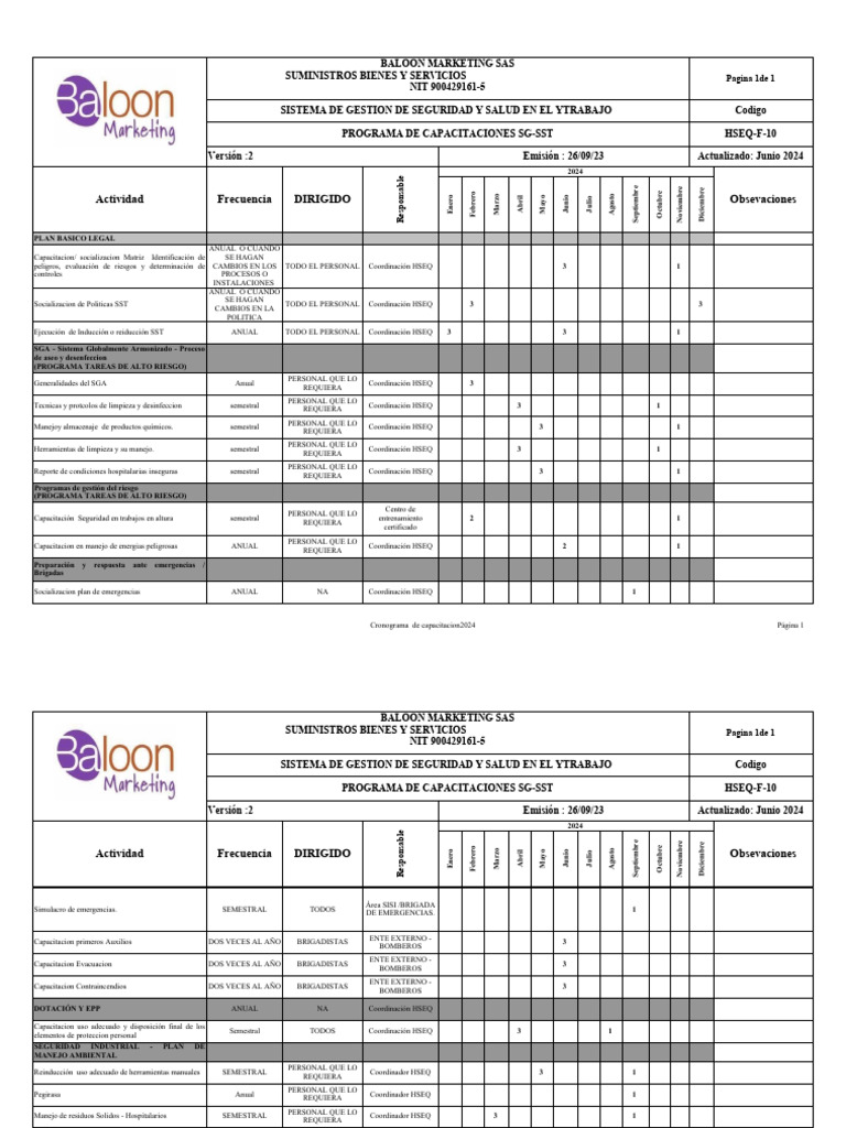 Programa de Capacitaciones SG-SST 2024 | PDF