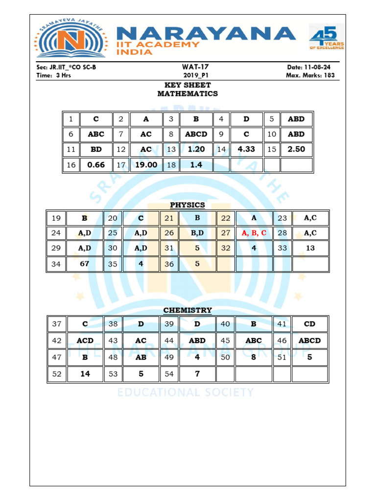 11-08-24 - JR - Iit - Star Co-Sc (Model-B) - Jee Adv - 2019 (P-I) - Wat-17 - Key & Sol | PDF ...