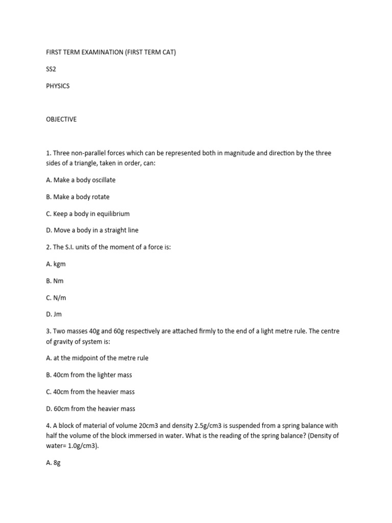 First Term Exam-Physics SS2 | PDF | Center Of Mass | Force