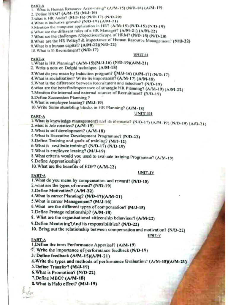 BA4203 HRM All Units 2 & 13 Marks Important Questions | PDF