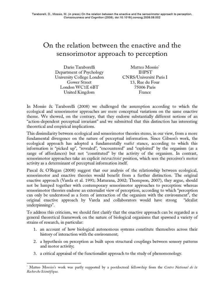 Enactive vs. Sensorimotor Perception | PDF | Perception | Idealism