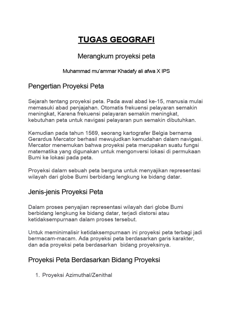 Tugas Geografi Proyeksi Peta Afwa 10 Ips | PDF