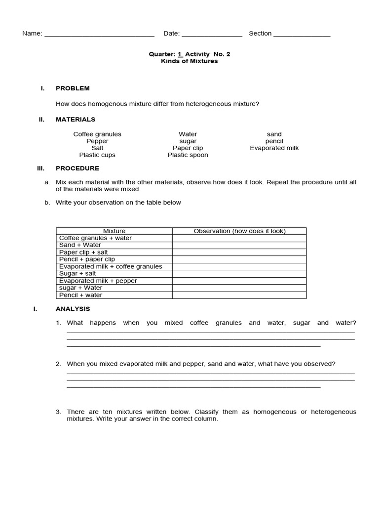 Activity On Mixture (Kinds of Mixture) | PDF | Mixture | Homogeneity ...