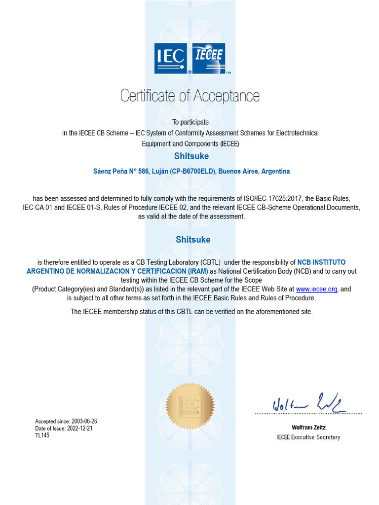 Certificado IECEE - CBTL_Certificate_Shitsuke | PDF