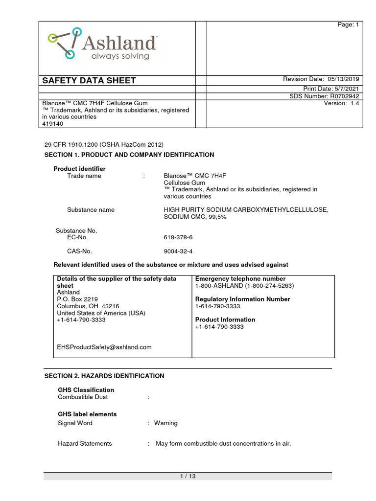 BLANOSE CMC 7H4F - MSDS | PDF | Dangerous Goods | Safety