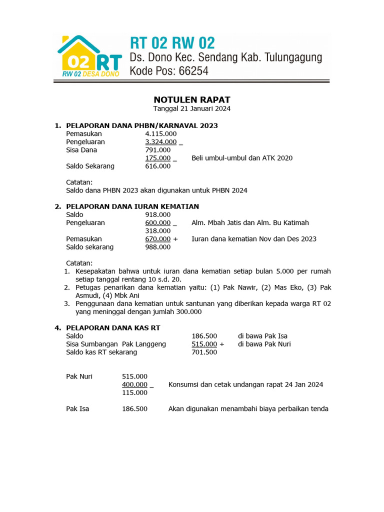 Notulen Rapat RT 02: Dana dan Agenda 2024 | PDF | Perjalanan | Griya ...