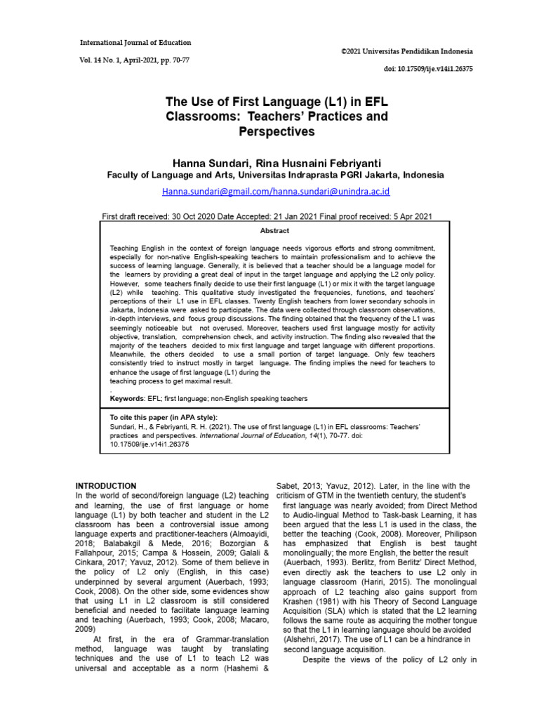 Artikel - IJE - UPI - L1 Use - 2021 | PDF | Second Language | English As A Second Or Foreign ...