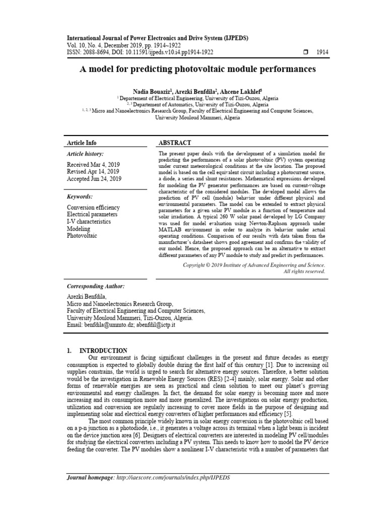 A Model For Predicting Photovoltaic Module Performances | PDF | Photovoltaics | Solar Panel