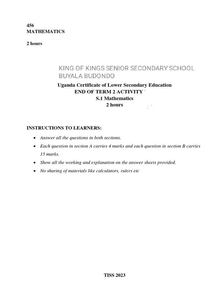 S1 Mathematics Term 2 Exam Paper | PDF | Circle