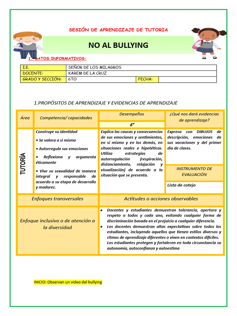 Sesión de Aprendizaje de Tutoria No Al Bullyng | PDF | Acoso cibernético | Abuso infantil
