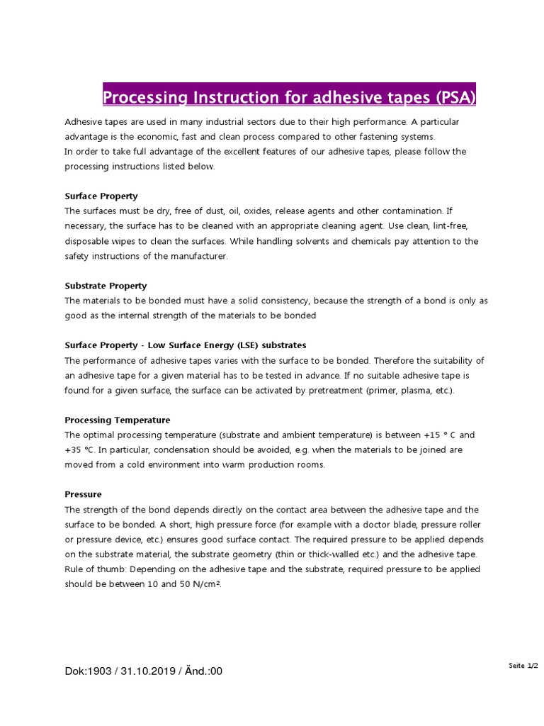Dok.1903 - Processing Instruction For PSA | PDF | Adhesive | Materials ...