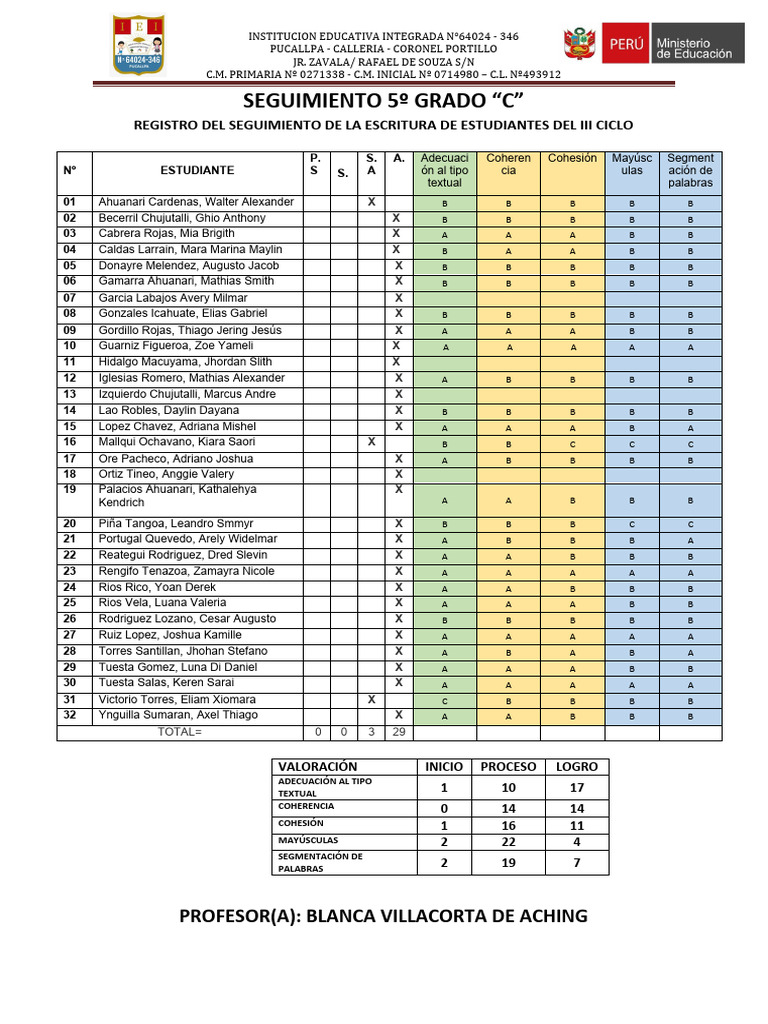 Formato Quinto Grado Nivel de Escritura Diagnóstico | PDF