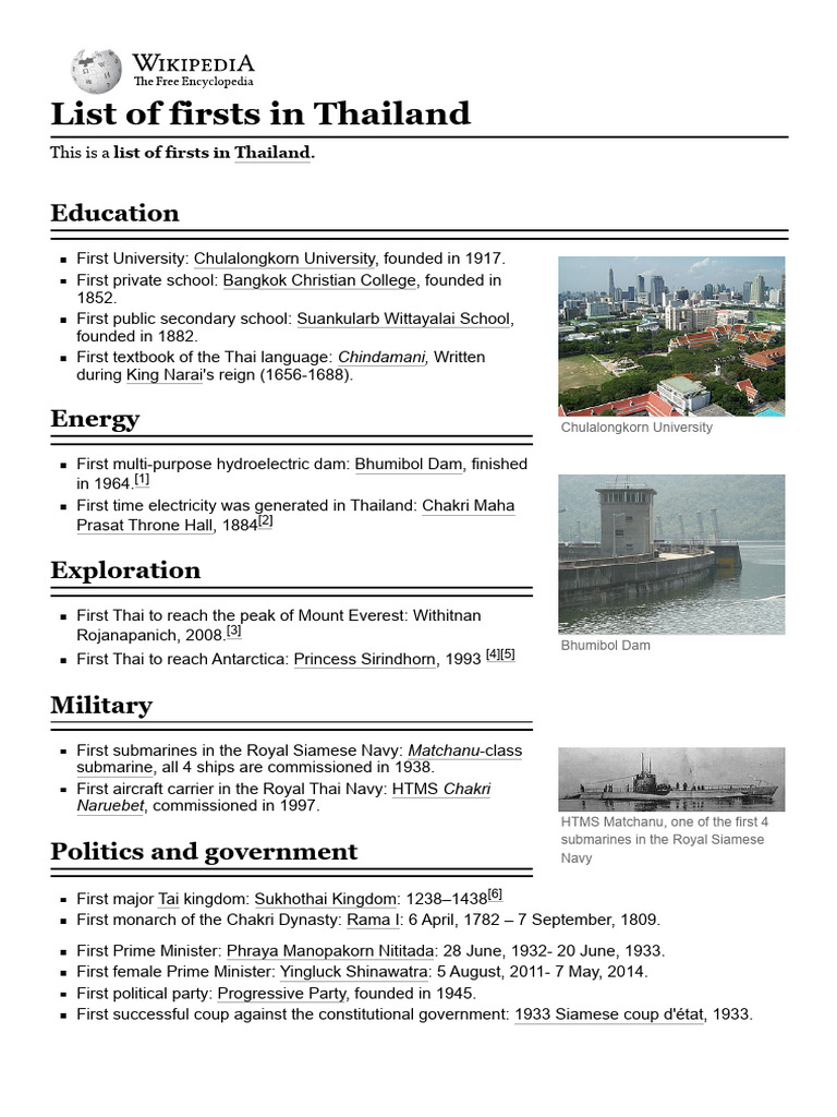 List of Firsts in Thailand - Wikipedia | PDF | Thailand | Kingdoms