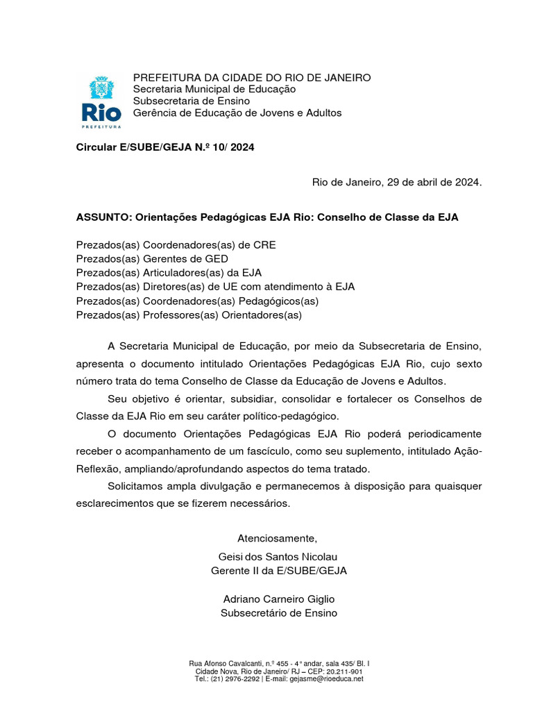 Circular E-SUBE-GEJA N10 de 2024 - Orientações Pedagógicas COC | PDF